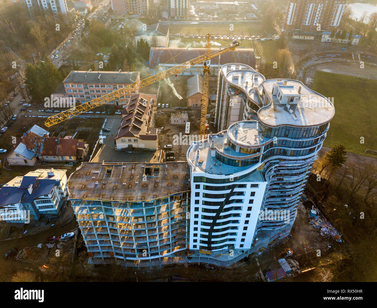 Apartment or office tall building under construction, top view. Tower ...