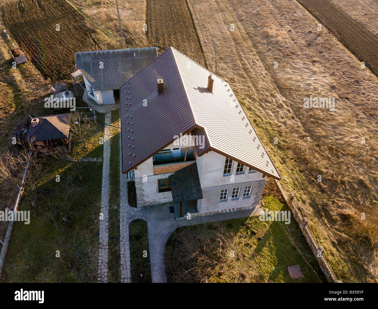 Aerial view of new residential house cottage with shingle roof Stock ...
