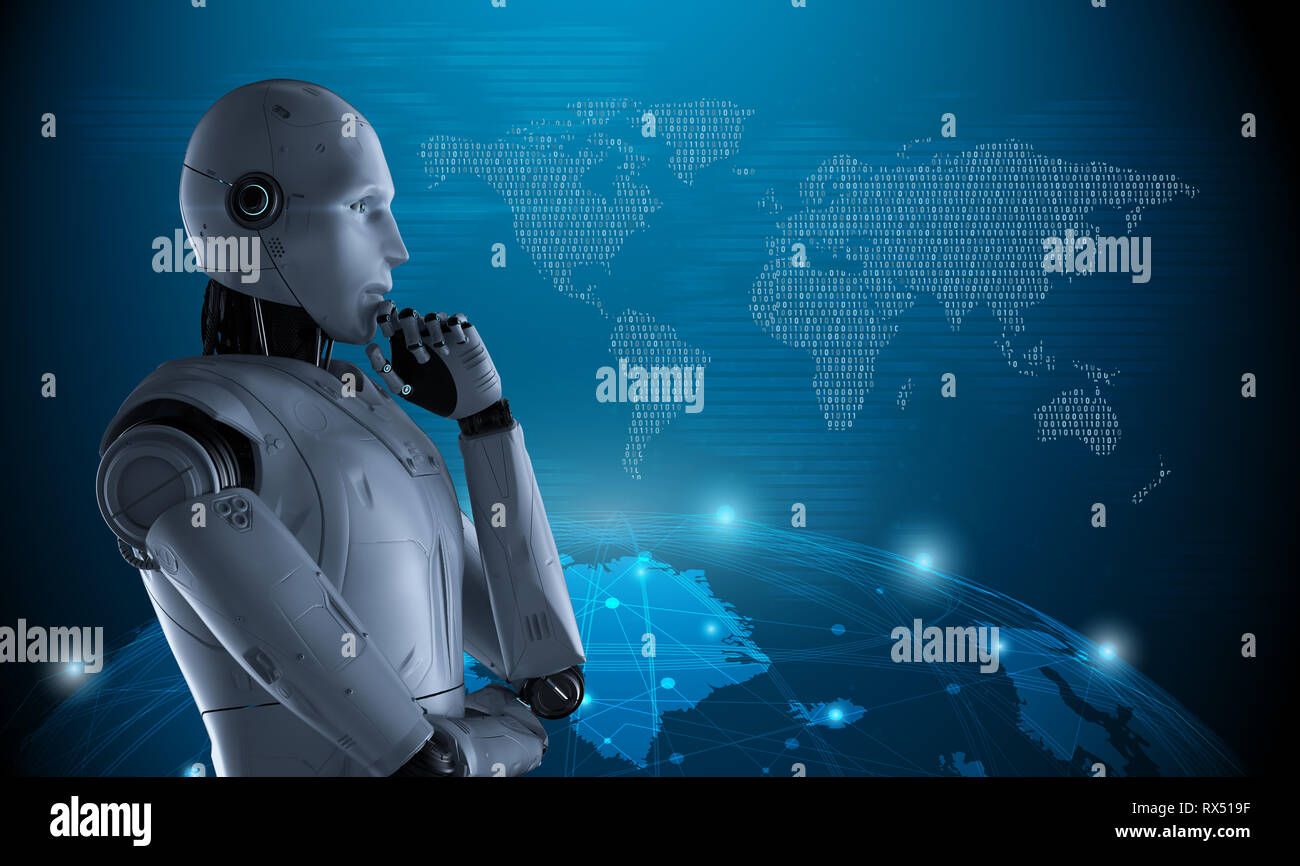 Globalization technology concept with 3d rendering robot with world map ...
