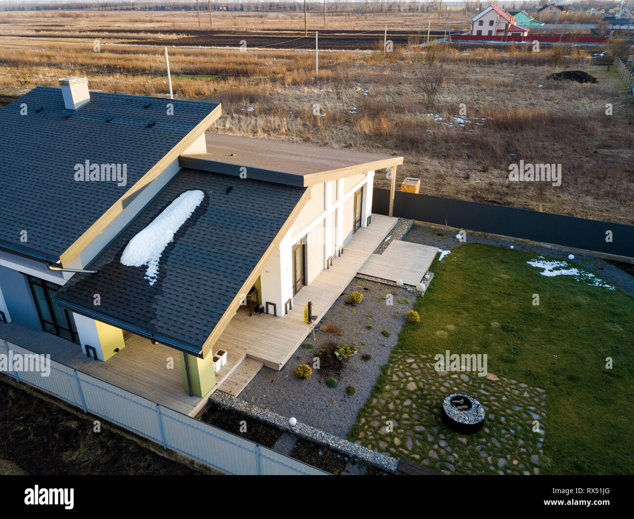 Aerial top view of new residential house cottage and terrace with ...