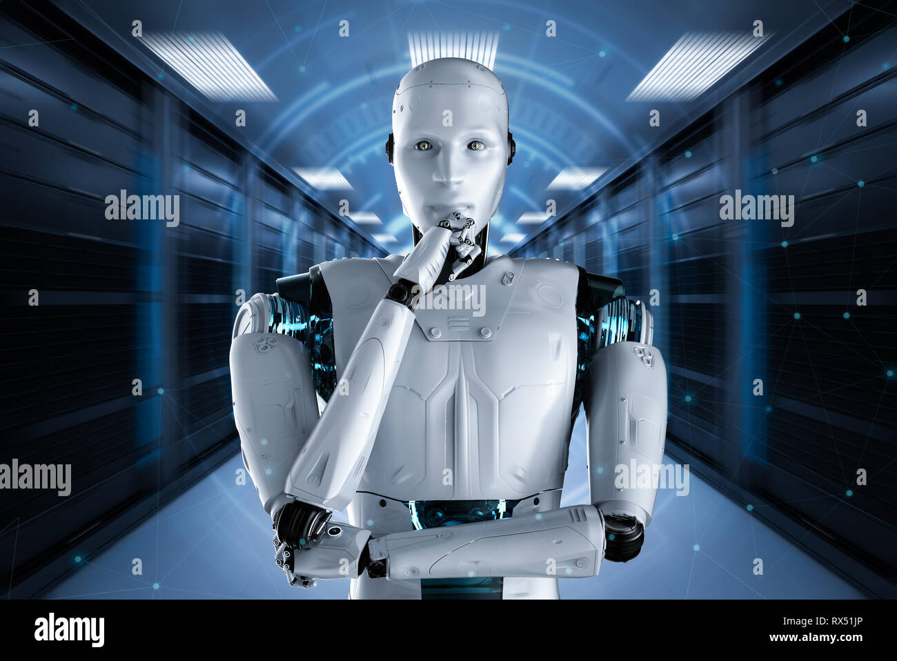 3d rendering robot with hud graphic display in server room Stock Photo ...