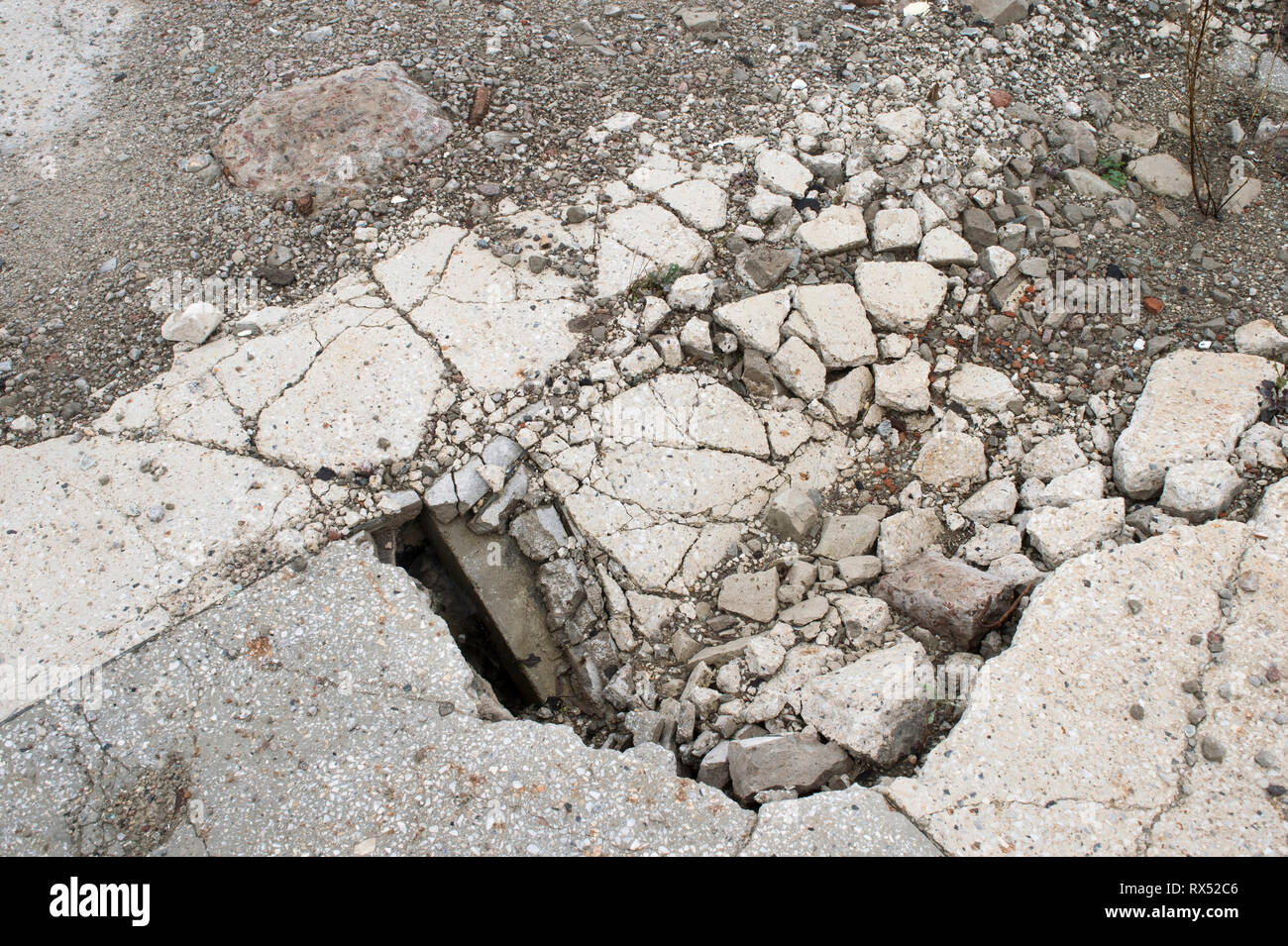Destroyed concrete slab of the Foundation close-up with cracks and ...