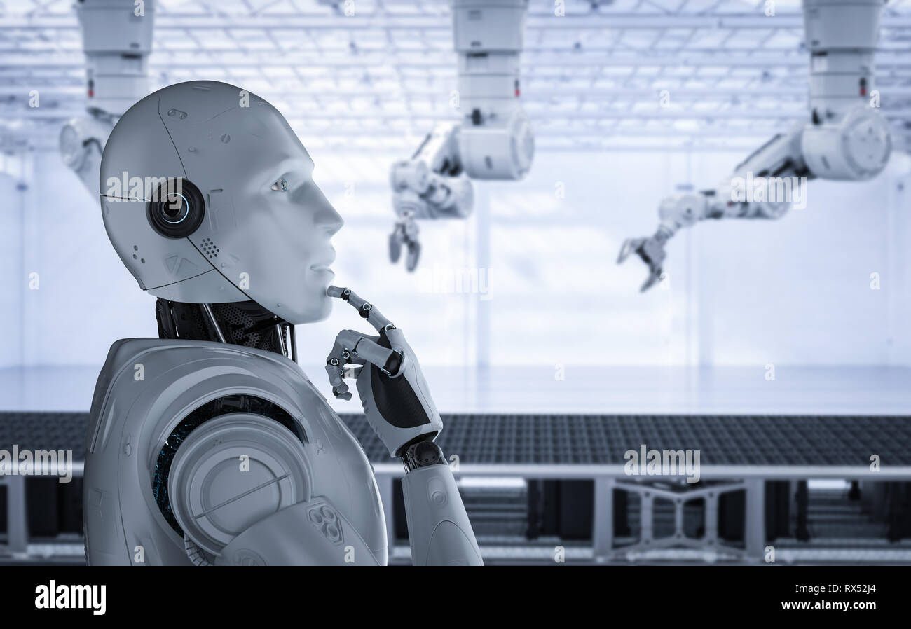 Automation factory concept with 3d rendering cyborg in factory Stock ...