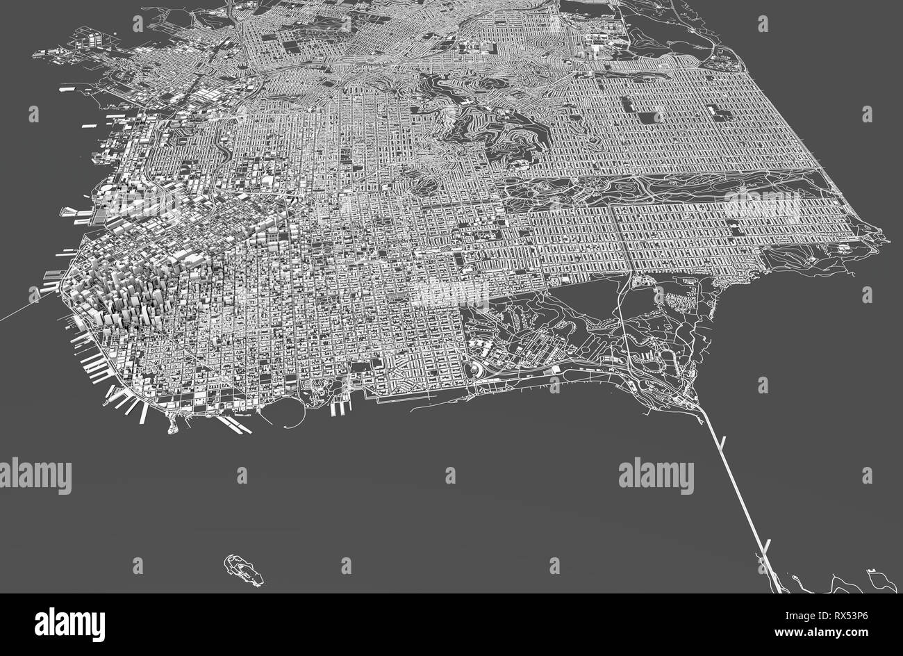 Satellite view of San Francisco, map, 3d buildings. Streets and ...