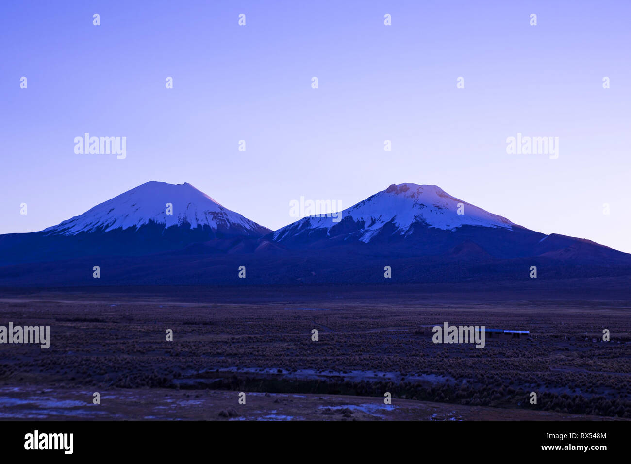 Sunset in Andes. Parinacota volcano. High Andean landscape in the Andes ...