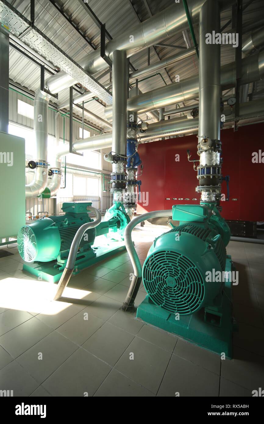 Wide-angle panoramic photo of the newest alternative fuel boiler room ...