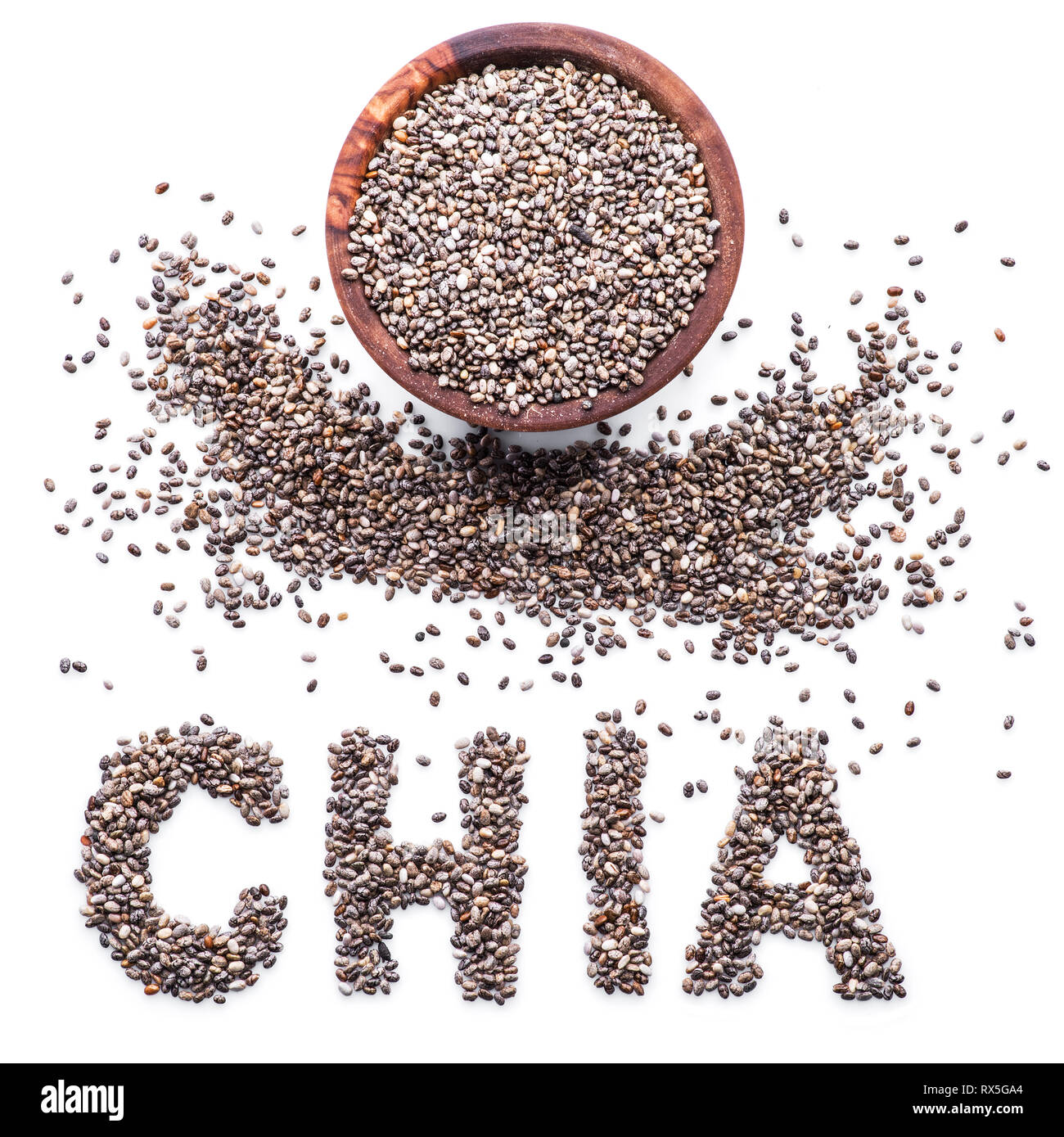 Chia word made up of chia seeds isolated on white background. Top view ...