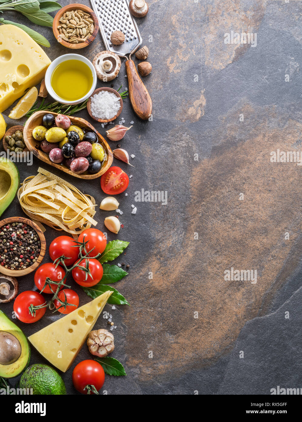 Pasta, spices and vegetables. Popular mediterranean or italian food ...