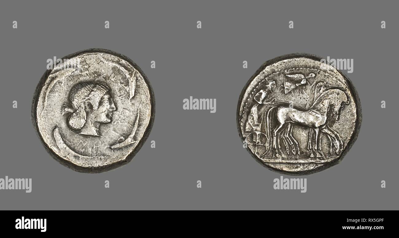 Tetradrachm (Coin) Depicting Quadriga with Bearded Charioteer. Greek, minted in Syracuse, Sicily ...