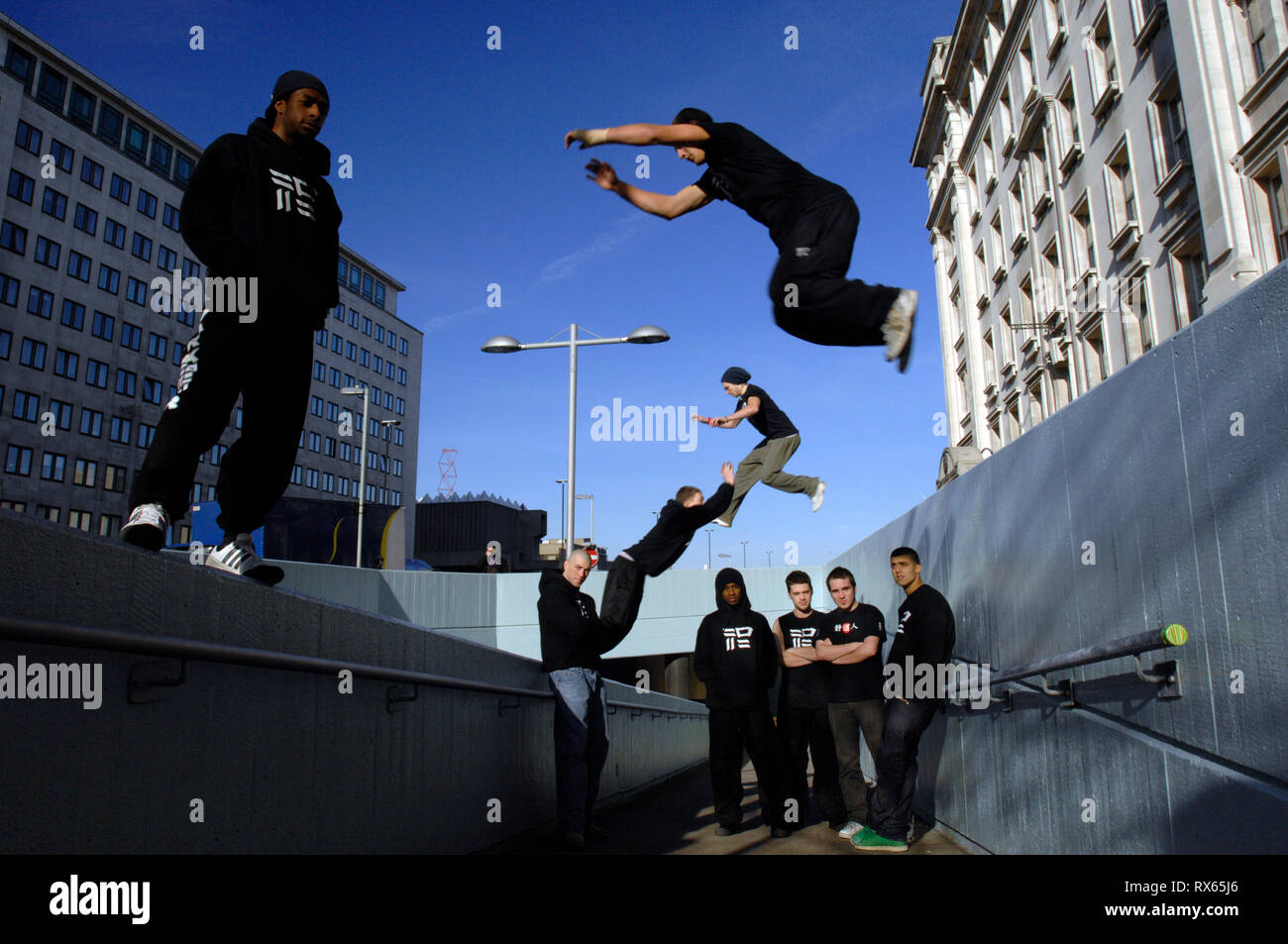 Urban Freeflow demonstrate Parkour moves at Waterloo roundabout, London ...
