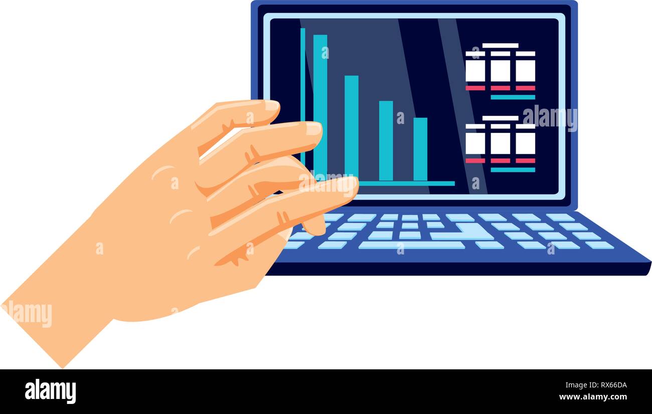 hand and laptop computer with infographic vector illustration design ...