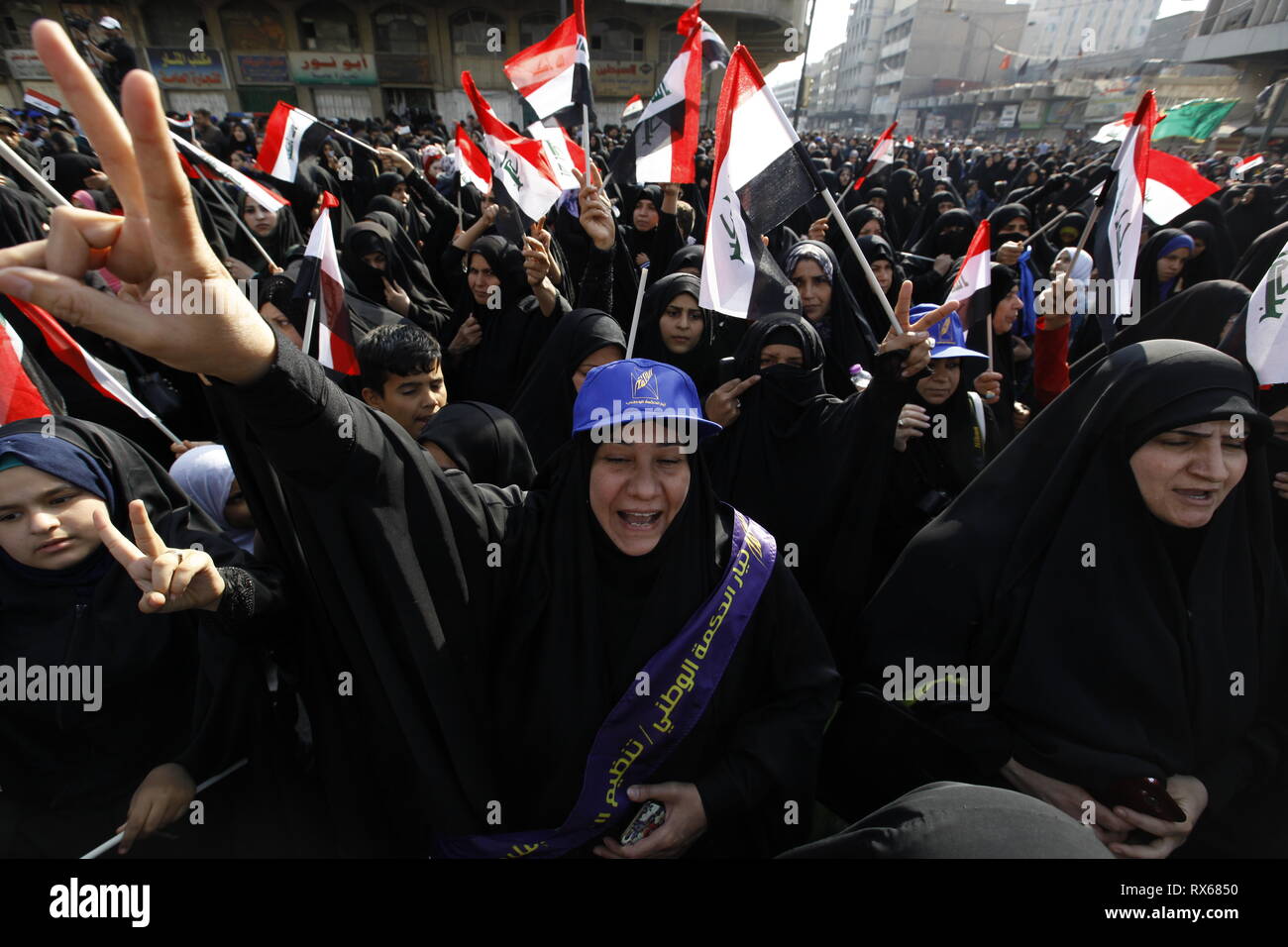 Baghdad, Iraq. 08th Mar, 2019. Supporters of Shiite Muslim leader and head of Hikma party Ammar ...