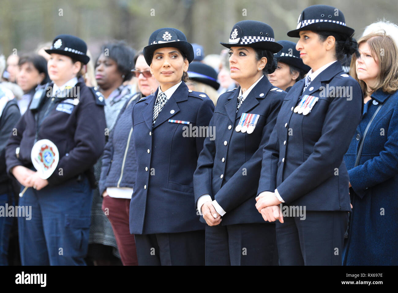London, UK, 8th Mar 2019. The women officers celebrate with speeches in ...