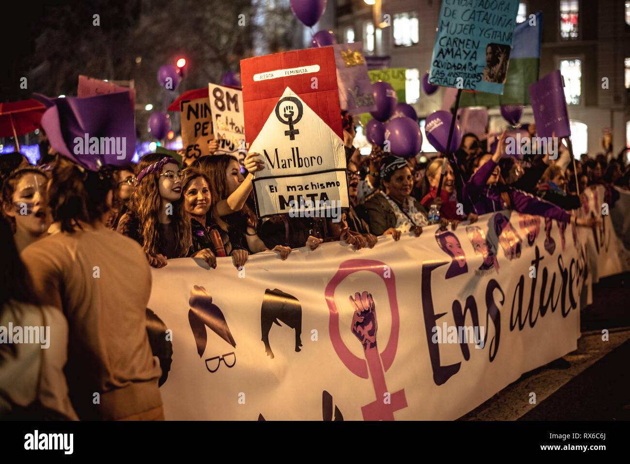 Barcelona, Spain. 8th Mar, 2019. Feminist protestors shout slogans as ...