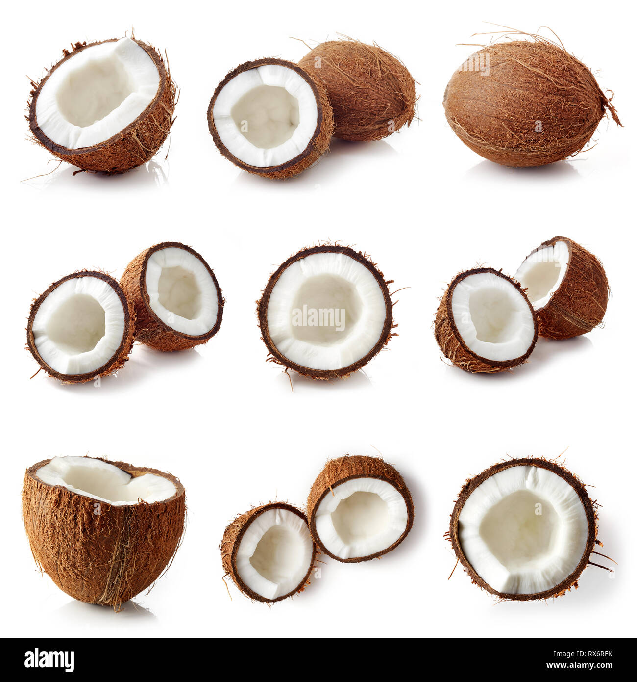 Set of coconut halves and whole coconut isolated on white background ...