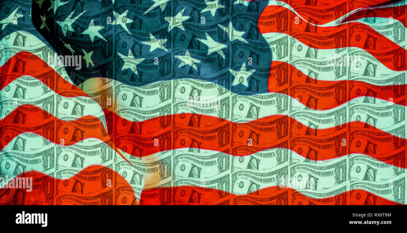 a background of one US dollar banknote with the flag of the United ...