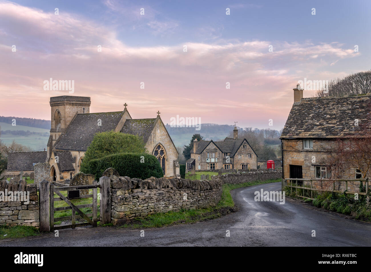 Snowshill church in the Cotswolds gloucestershire with lane leading ...