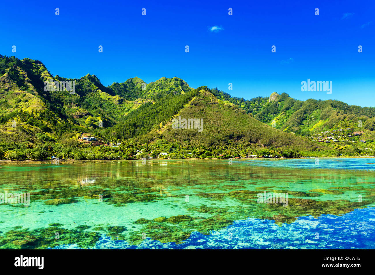 View of the mountain landscape, Moorea island, French Polynesia. Copy ...