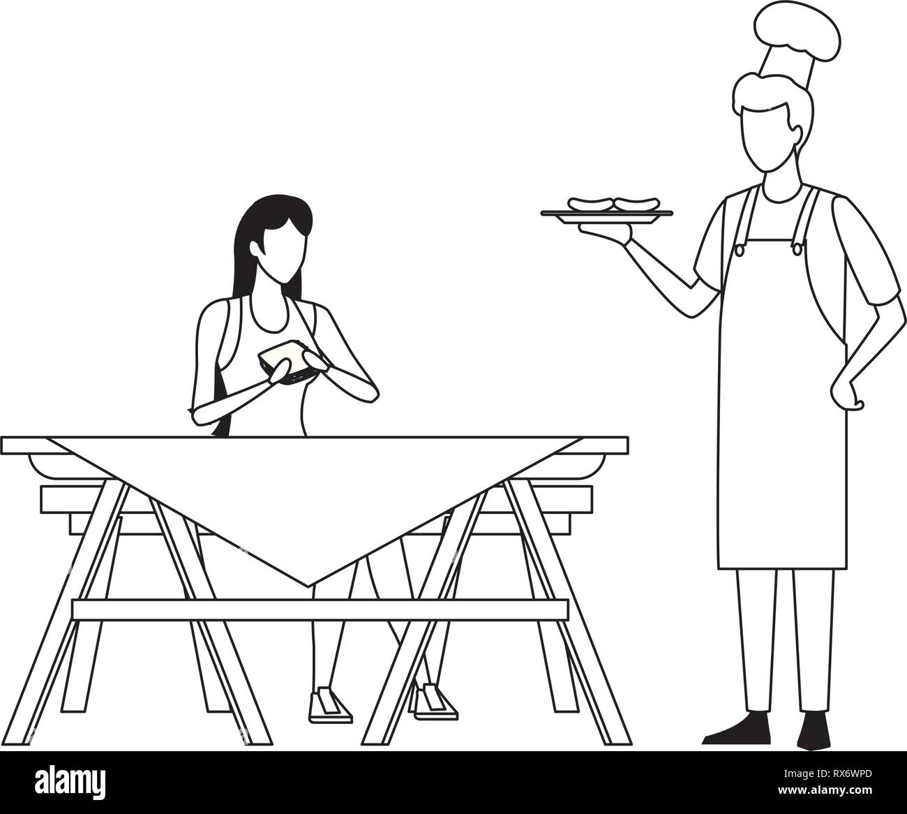 faceless woman barbecue food chef in black and white Stock Vector Image ...