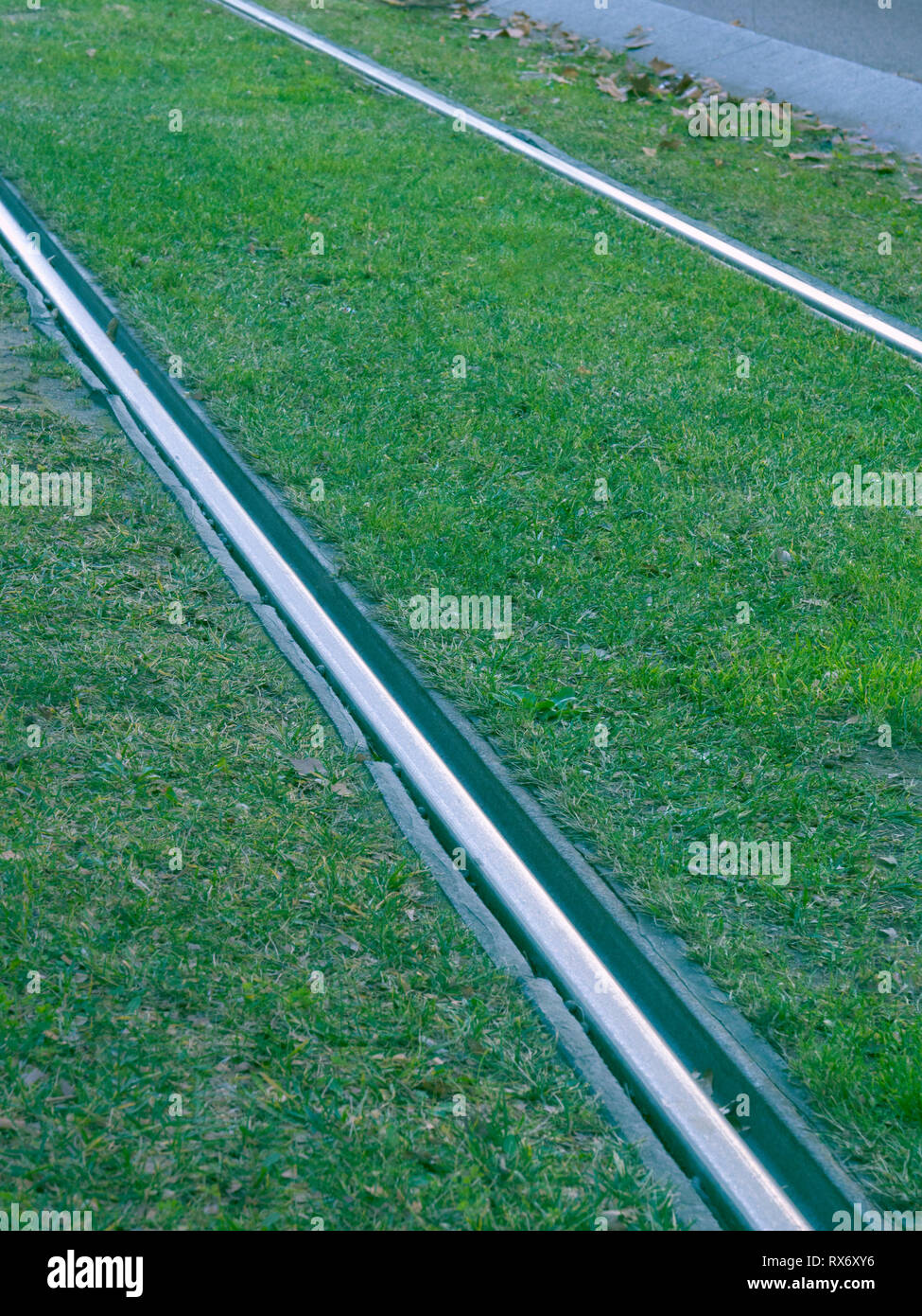 Close up of tram track line Stock Photo - Alamy