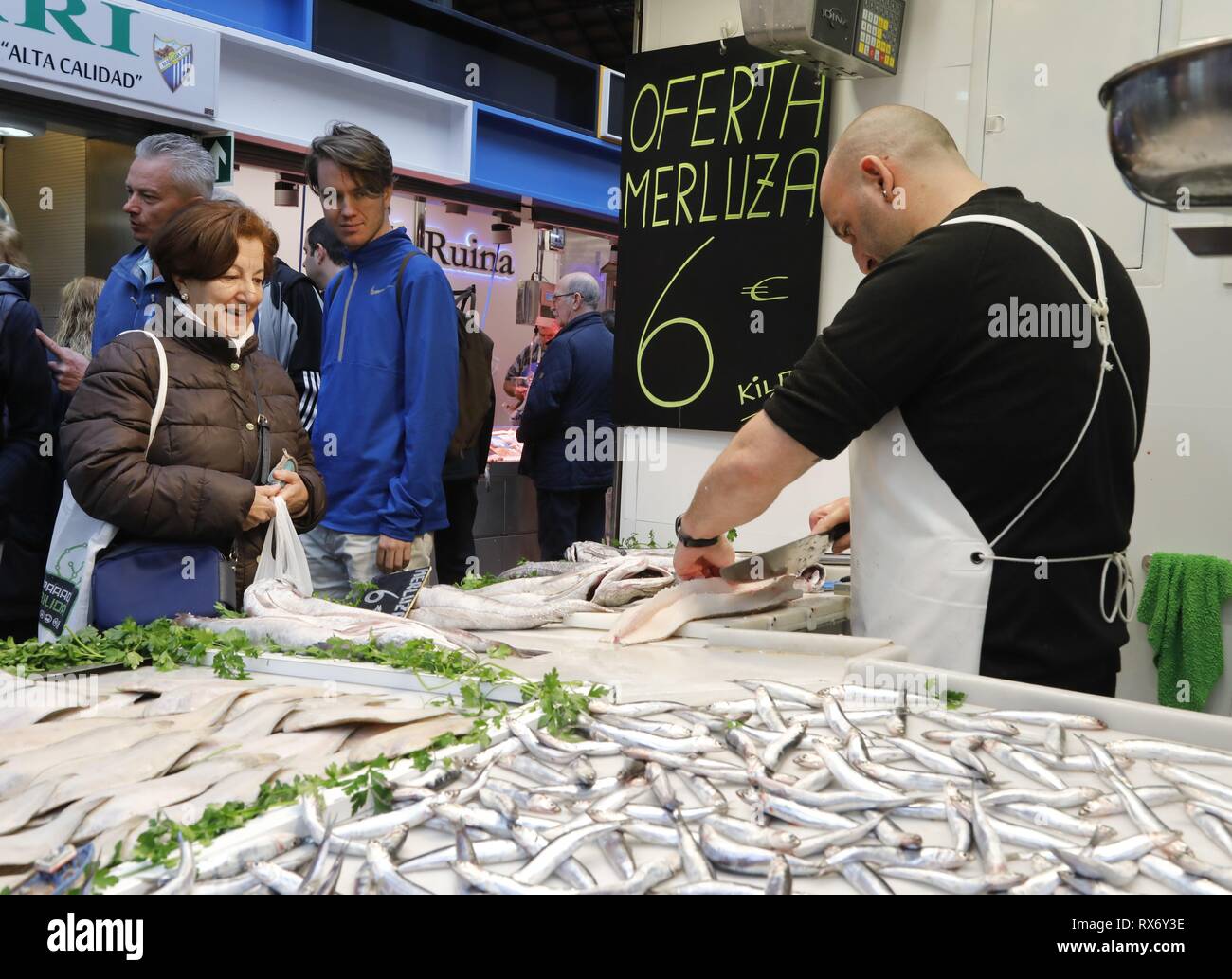 Fresh fish is offered at Malaga's fish market, 12 February 2019 ...
