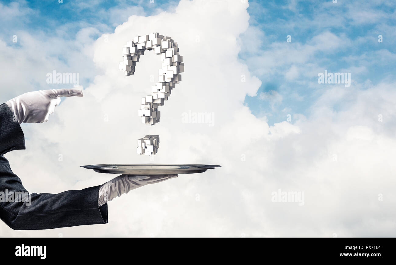 Hand of waiter presenting question mark on tray Stock Photo - Alamy