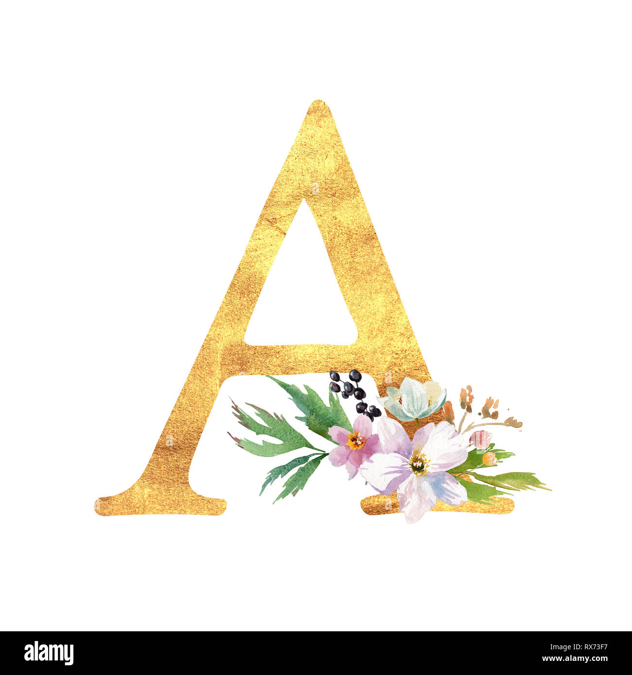 Ronantic gold letter A with drawn watercolor flowers. Elegant emblem ...