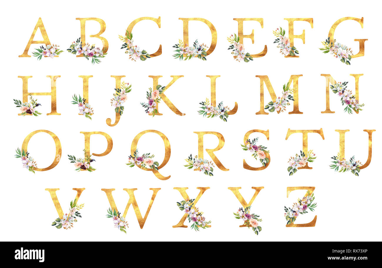 Collection romantic gold letters with drawn watercolor flowers. Elegant ...