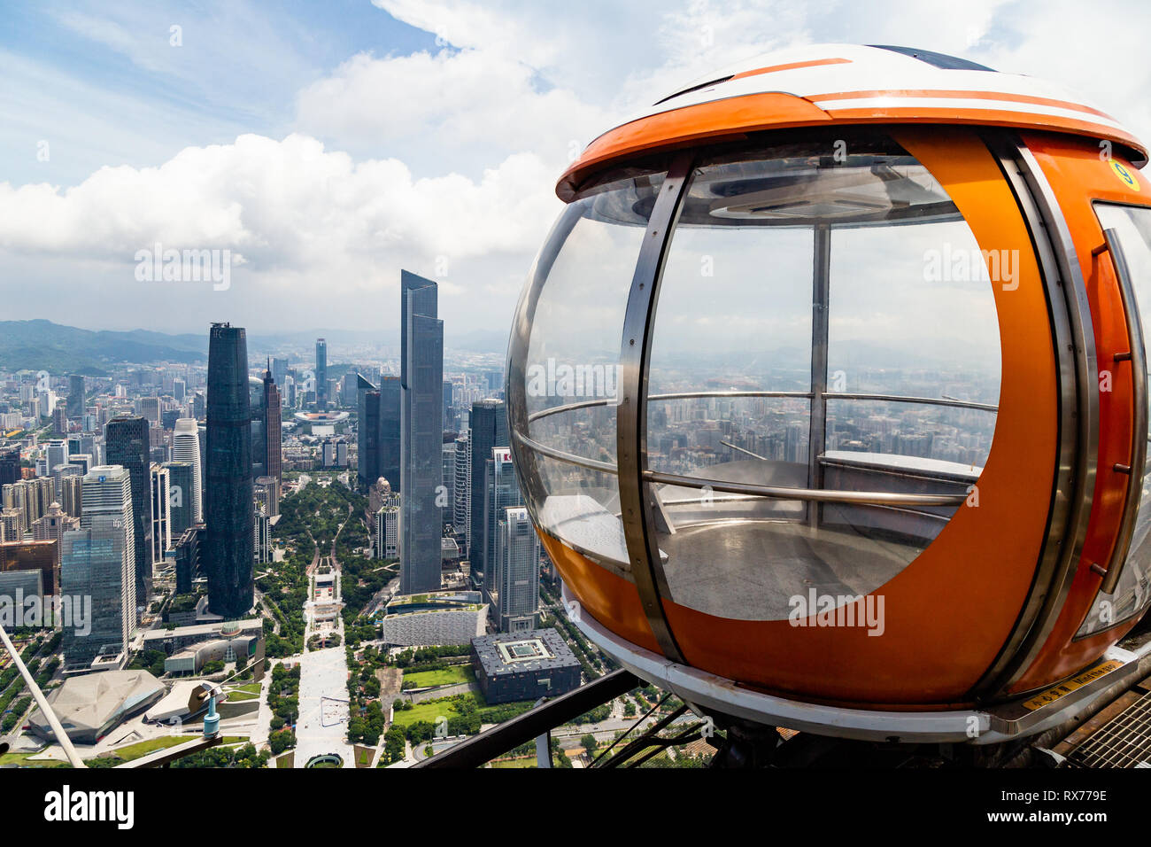July 2017, Guangzhou, China. Bubble tram on the top of Canton tower in ...