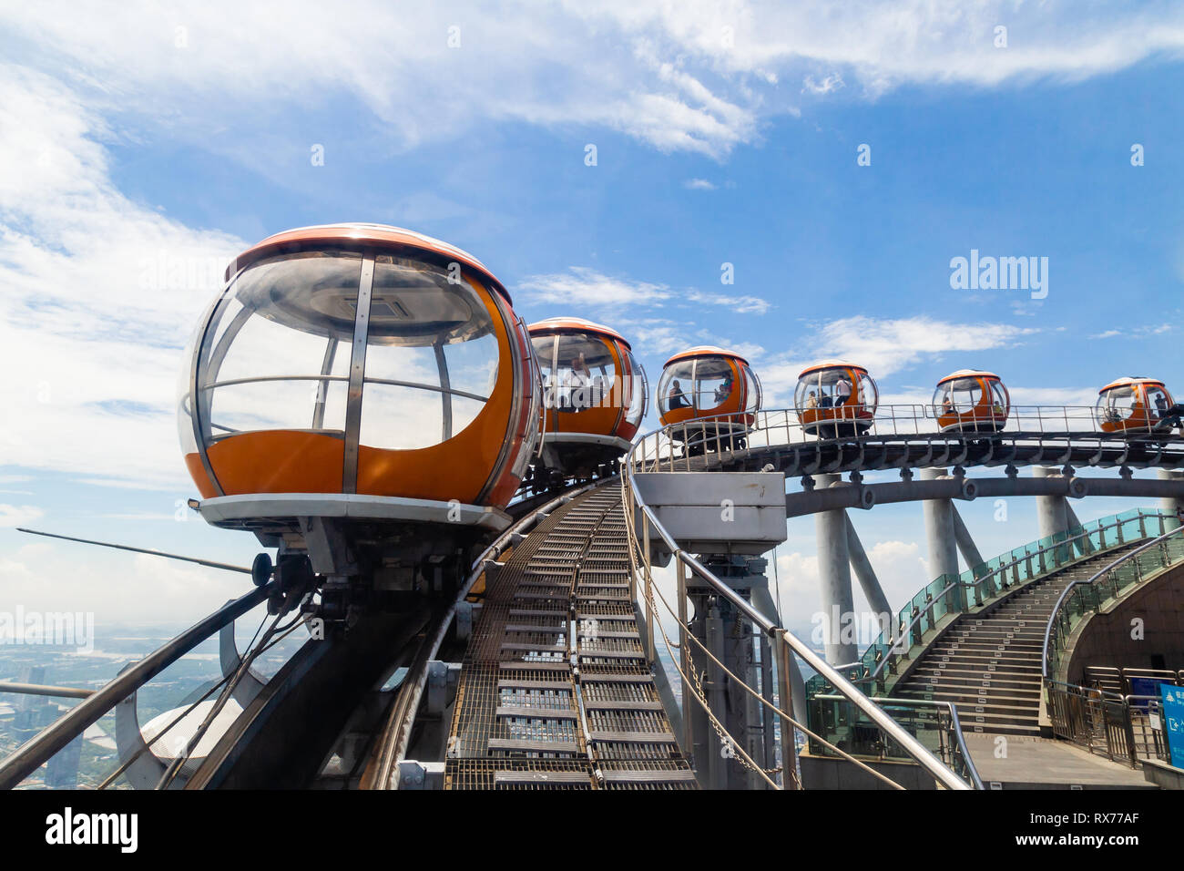 July 2017, Guangzhou, China. Bubble tram on the top of Canton tower in ...