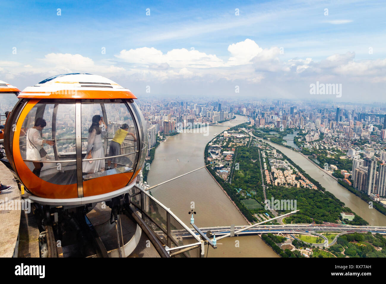 July 2017, Guangzhou, China. Bubble tram on the top of Canton tower in ...