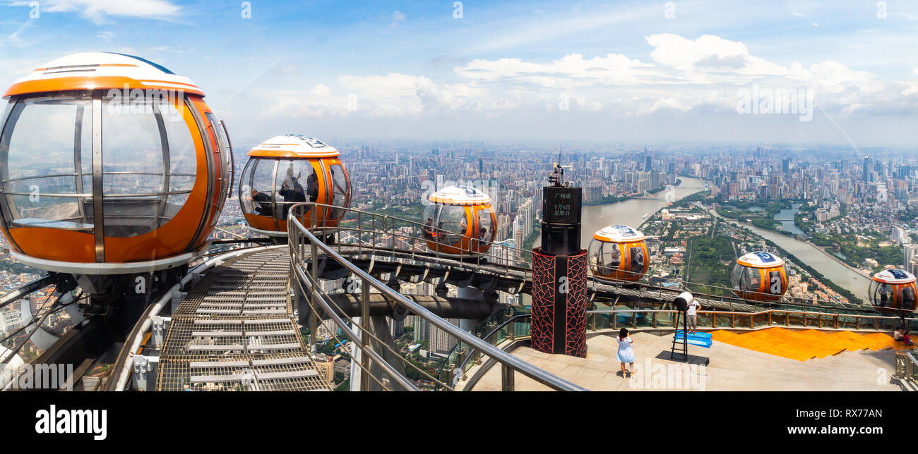 July 2017, Guangzhou, China. Bubble tram on the top of Canton tower in ...
