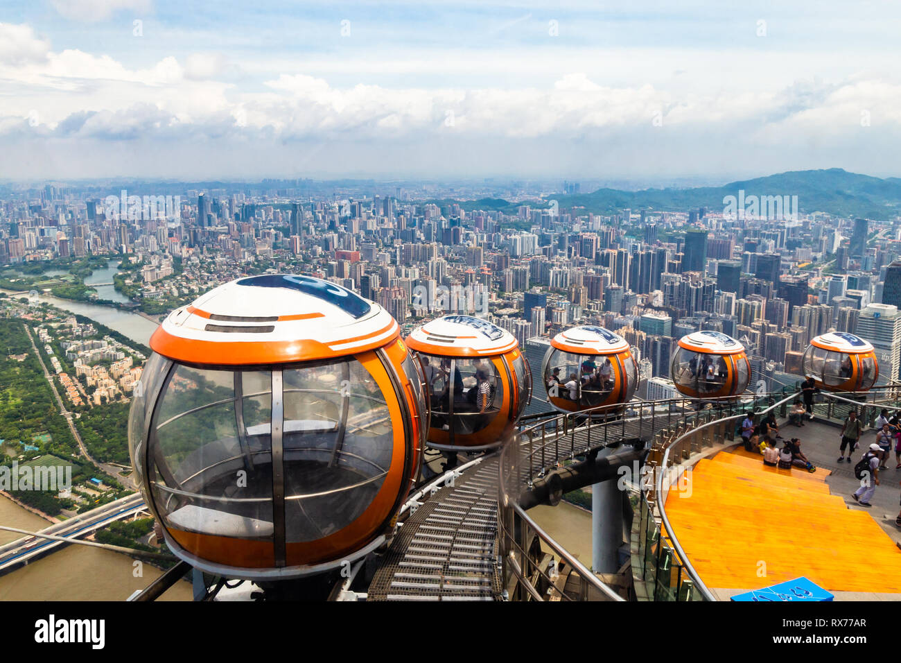 July 2017, Guangzhou, China. Bubble tram on the top of Canton tower in ...