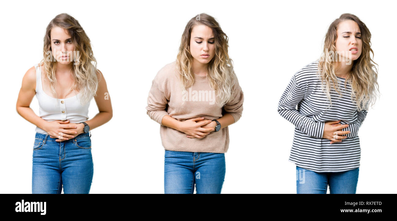 Collage of young beautiful blonde girl over isolated background with ...
