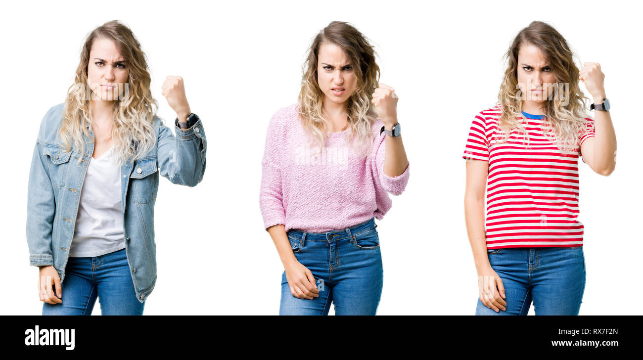 Collage of young beautiful blonde girl over isolated background angry ...