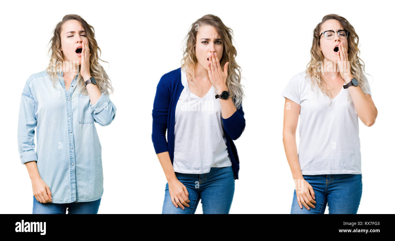 Collage of young beautiful blonde girl over isolated background bored ...