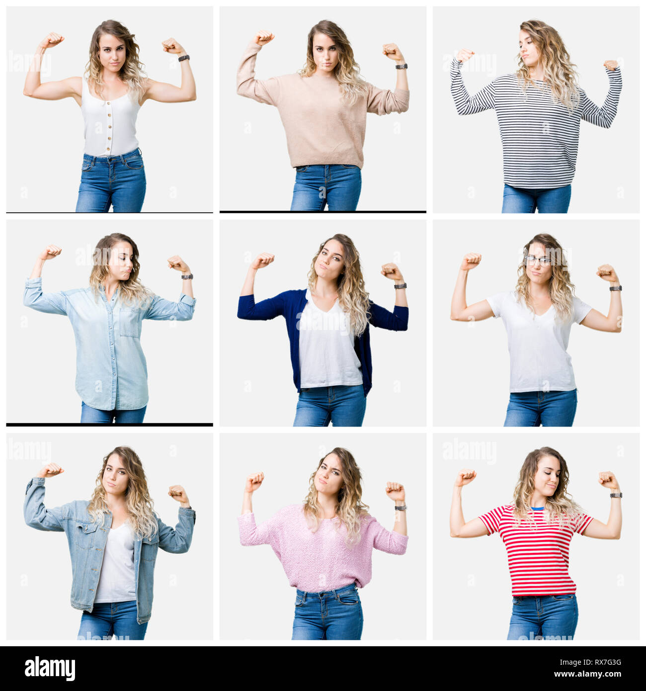 Collage of young beautiful blonde girl over isolated background showing ...