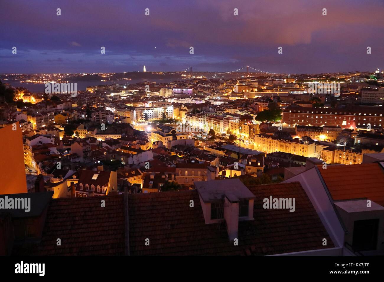 Lisbon cityscape in Portugal. Night city view from a miradouro ...