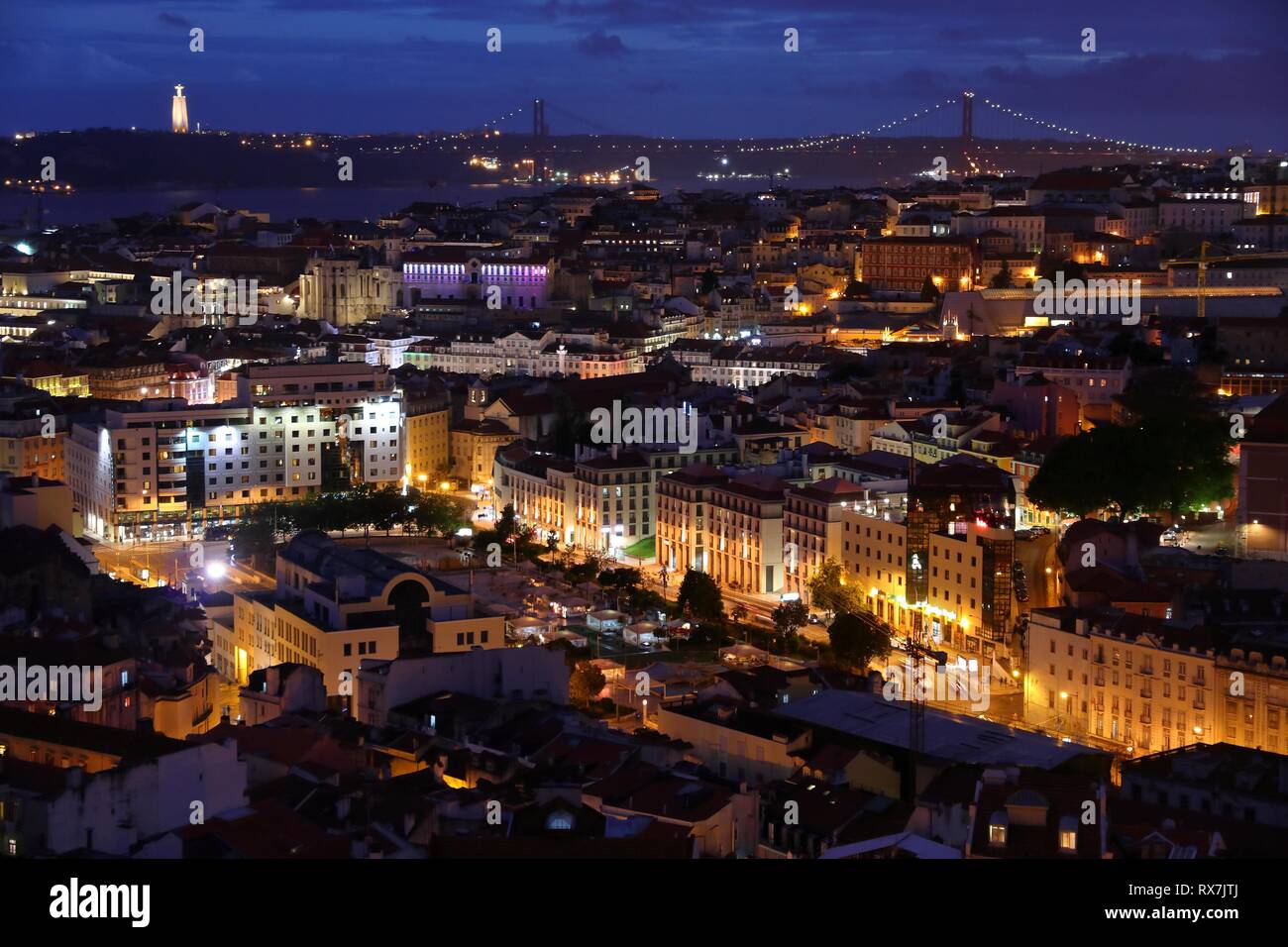 Lisbon cityscape in Portugal. Night city view from a miradouro ...