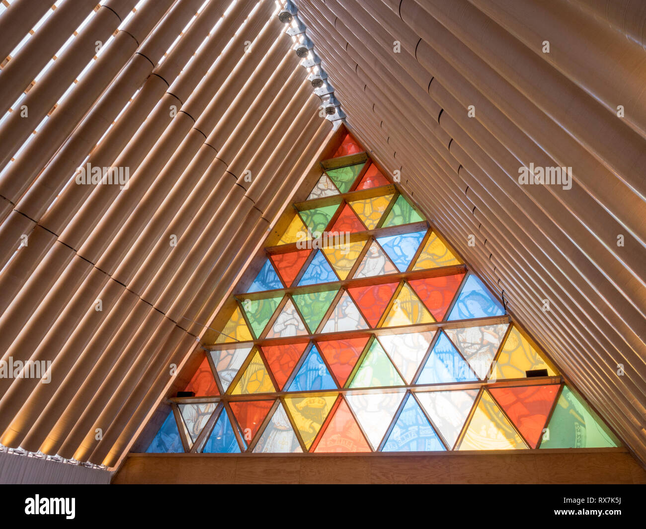 The stained glass window and roof inside the Transitional Cathedral ...