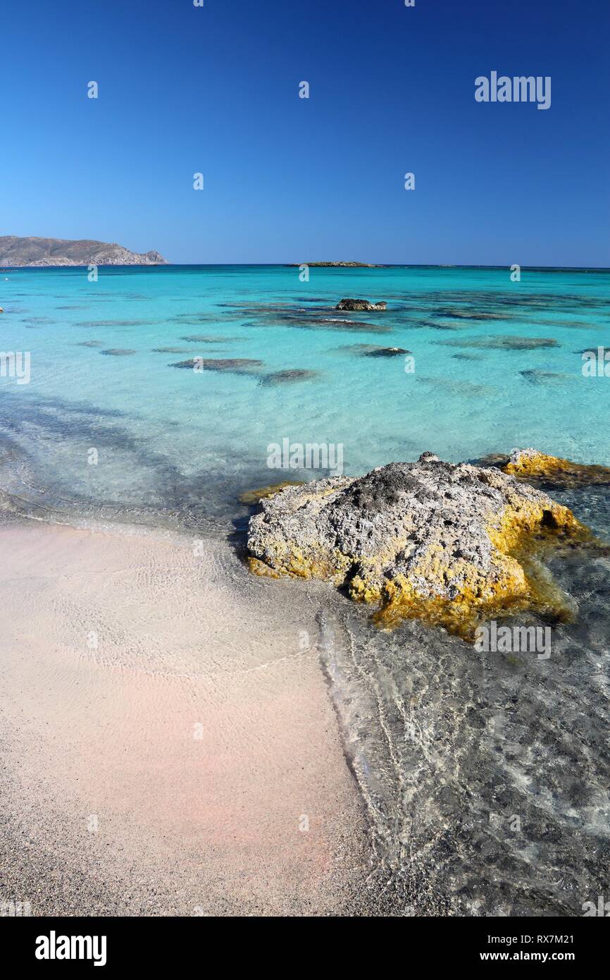 Coast of Crete island in Greece. Pink sandy beach in famous Elafonisi ...