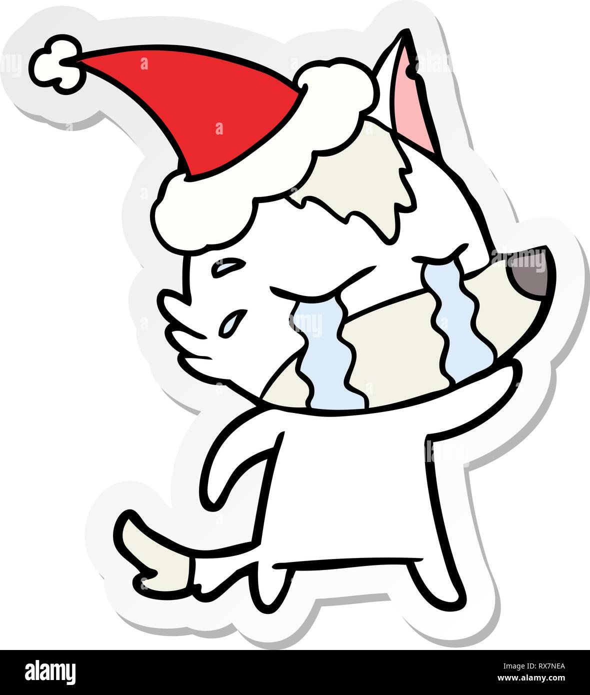 hand drawn sticker cartoon of a crying wolf wearing santa hat Stock ...