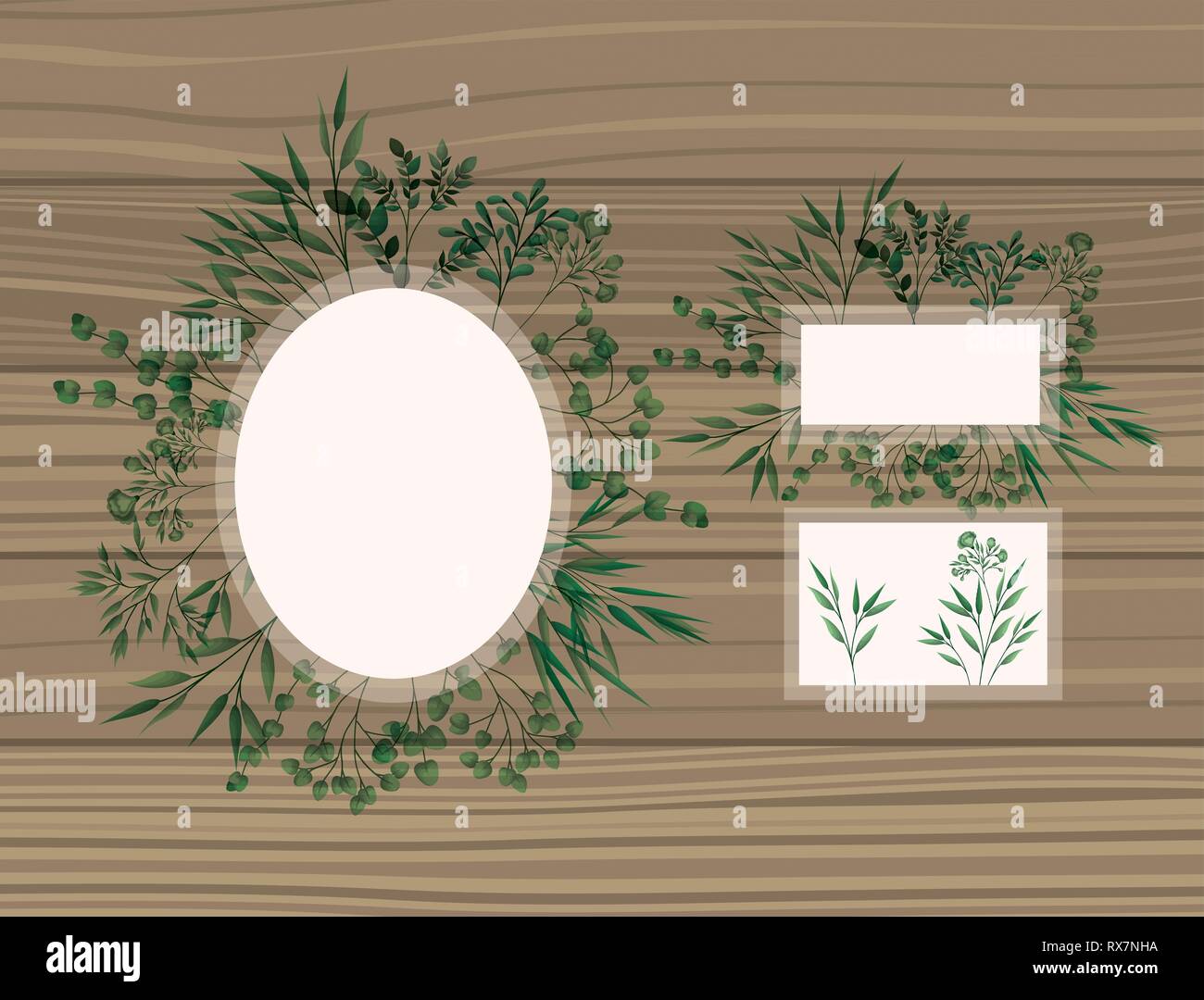 set of frame with laurel leafs wooden background Stock Vector Image ...