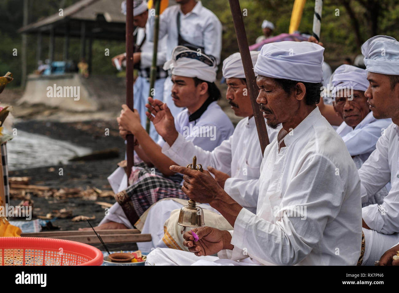 Balinese religious beach ceremony, Tabanan, Bail, Indonesia Stock Photo ...