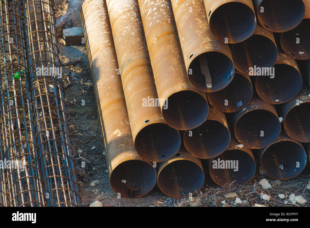 Industrial construction material - pipes stacked in a pyramid Stock ...