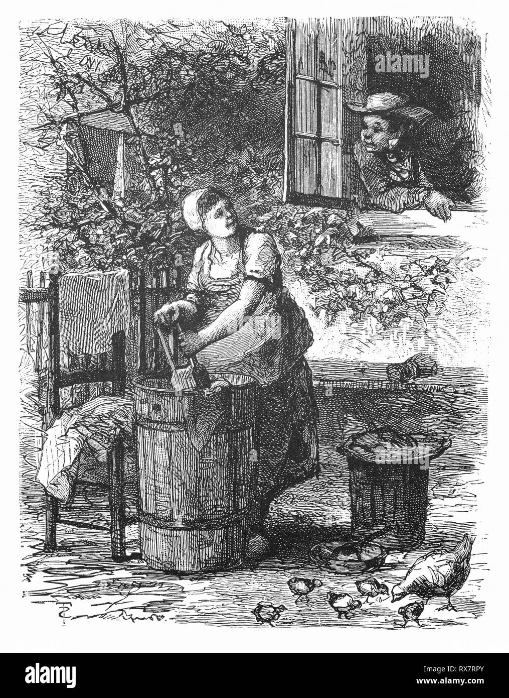 A peasant girl washing clothes in a tradional water butt. From the ...