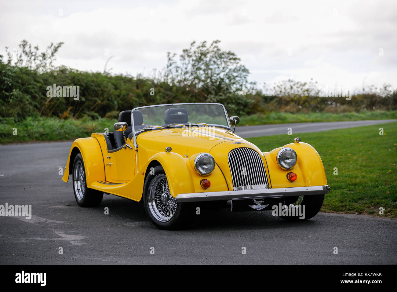 Morgan Plus Eight classic car parked on a country lane on a winter day ...