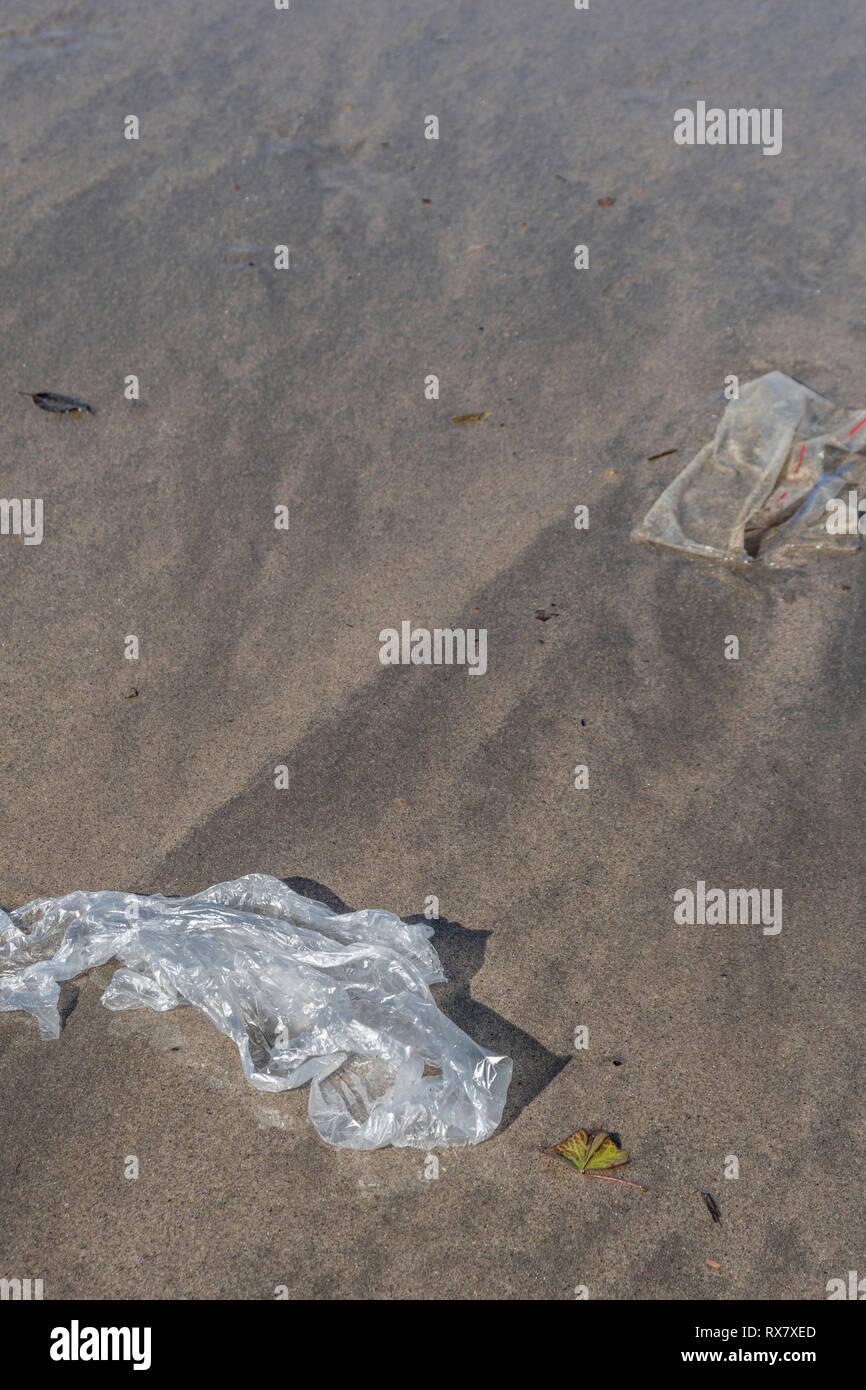 Seashore plastic pollution in Cornwall, UK. Sea shore plastic litter ...