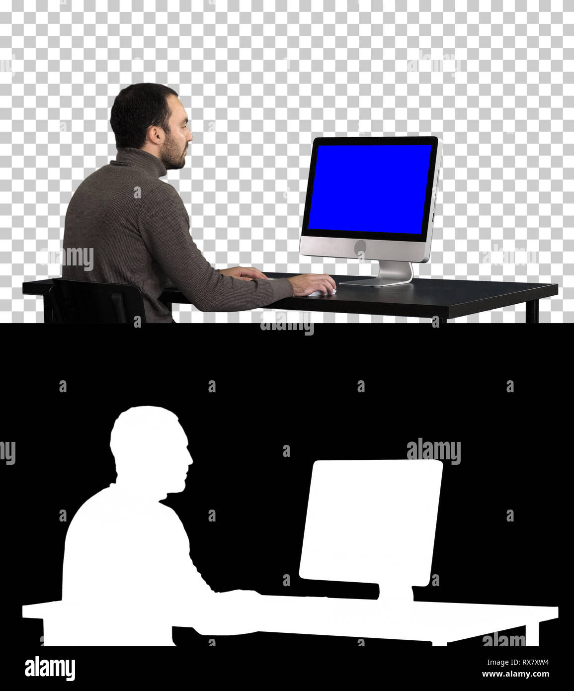 On Alpha Matte. View to the screen of computer. Man typing on the ...