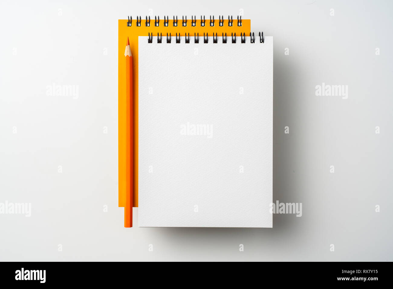 Design concept - Top view of two spiral orange notebook and pen ...